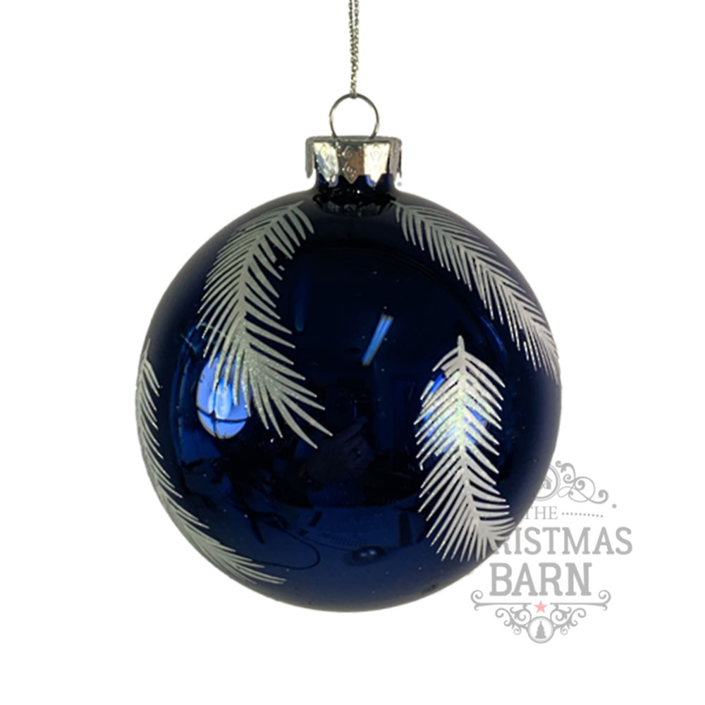 Navy Glass Bauble with White Feathers - The Christmas Barn